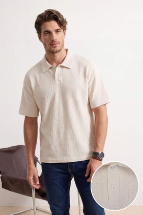 Trendyol MAN Herren Ecru Einfarbig Kurz Oversize Poloshirts