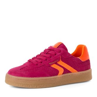 Tamaris Plateausneaker TAMARIS, Damen, Gr. 36, pink, neonorange, Glattleder, Veloursleder, Fischgratmuster, unifarben mit Farbeinsatz, Schuhe Plateausneaker, 