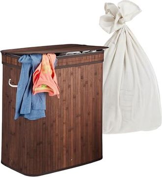 Relaxdays W&auml;schekorb mit Deckel, 3 F&auml;cher, Bambus, 105 l, faltbar, HxBxT: 63x52x32 cm, W&auml;sche Sortiersystem, Dunkelbraun