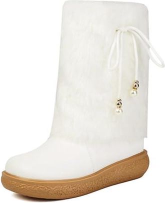 Generic Bottes de neige plates confortables à bout rond pour femme avec bordure en fausse fourrure et doublure en peluche - Chaussures dhiver chaudes, blanc, 