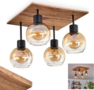 HOFSTEIN Deckenleuchte Vouhet, Deckenlampe aus Metall/MDF/Glas in Schwarz/Braun in Holzoptik/Bernsteinfarben, Retro/VIntage Design mit Schirmen aus Glas (Ø 15 