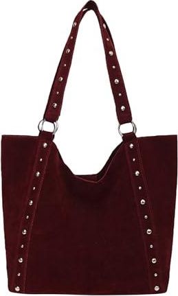 Generic Sac &agrave; bandouli&egrave;re en daim synth&eacute;tique clout&eacute; de couleur unie de grande capacit&eacute; pour voyage, shopping, travail, usage quotidien, Rouge, 12.99x4.72x12.