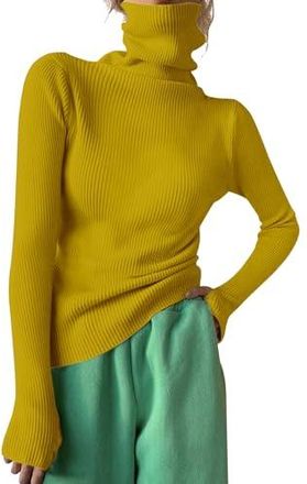 Generic Pull thermique en polaire thermique avec col roul&eacute; pour femme - Pull en tricot c&ocirc;tel&eacute; avec trou pour le pouce - Manches longues - Col montant - Coupe 