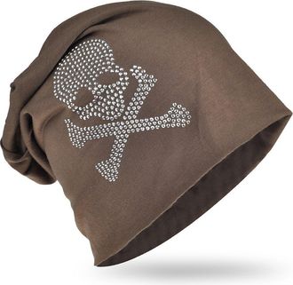 Miobo Slouch Beanie Mütze, Long, Totenkopf Motiv, Herren Damen,StrassPirat-Graubraun