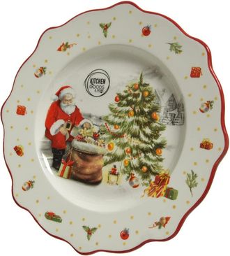 Kaemingk Weihnachtsteller Keramik 26cm Dolomit mit Weihnachtsmann Weihnachtsbaum Speiseteller wei&szlig; rot