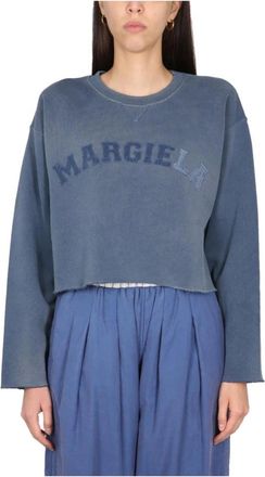 Maison Margiela Femme, Sweatshirts et sweats &agrave; capuche, Bleu, Taille: 42 FR Logo Patch Cropped SweaT-shirt