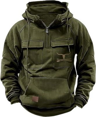 Generic Sweat-shirt militaire pour homme avec fermeture &eacute;clair quart de tour - V&ecirc;tements de sport vintage - Sweat &agrave; capuche tactique avec poche kanga - Pull &agrave;