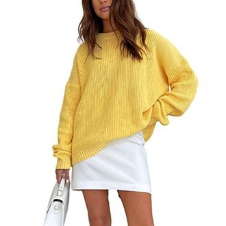 Generic Chandail &agrave; encolure ras du cou et &agrave; manches longues pour femme, coupe d&eacute;contract&eacute;e, pull en grosse maille &agrave; &eacute;paules tombantes pour femme, rose, taille