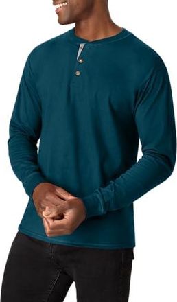 Hanes Mens Long-Sleeve Beefy Henley T-Shirt - Medium - Petro Teal
