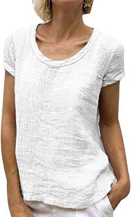 ORANDESIGNE Chemisiers Occasionnels en Lin à Manches Courtes Femmes T-Shirt Tee Tops Décontracté Tunique Grande Taille Chemise Shirt Chic ete Palge Blanc 46