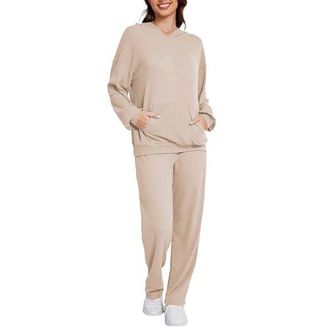 Generic Ensemble de pyjama pour femme, couleur unie, col rond, v&ecirc;tements de nuit longs et pantalon taille &eacute;lastique, ample, confortable, v&ecirc;tements de nuit &agrave; l