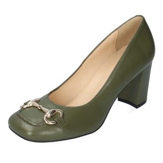 Andres Machado Pumps aus Leder f&uuml;r Damen - AROA - Blockabsatz, Karreespitze und dekorativ Aufsatz - Kaki, Gr&ouml;&szlig;e EU 42