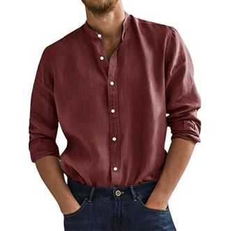 Generic Chemises pour homme col grand-p&egrave;re manches longues col &agrave; bandes chemises en lin chemises coupe r&eacute;guli&egrave;re couleur unie chemise de plage loisirs robe d&eacute;