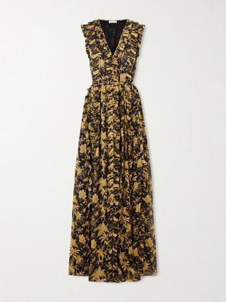 Ulla Johnson Aida Robe Aus Seidenchiffon In Metallic-optik Mit Blumenprint Und Falten - Schwarz