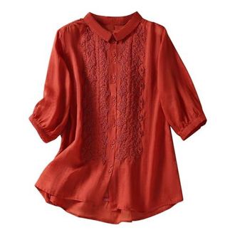 Generic Chemise d&eacute;t&eacute; en lin pour femme avec boutons brod&eacute;s &agrave; manches 3/4, style r&eacute;tro, boh&egrave;me, ethnique, paysanne, Rouge, XXL