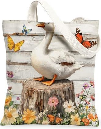 Generic Sac fourre-tout en toile motif oie printani&egrave;re pour faire du shopping, 33 x 38,1 cm, sac d&eacute;picerie r&eacute;utilisable pour femme, motif animal de voyage, d&eacute;