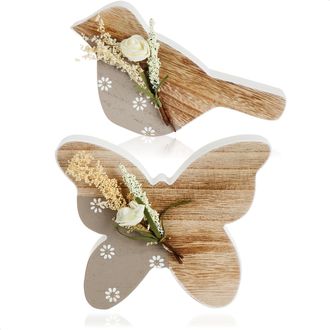 Com-Four 2X Dekofigur aus Holz - Schmetterling und Vogel f&uuml;r Fr&uuml;hlingsdeko - Aufsteller zu Ostern, Fr&uuml;hling, Sommer - leichte Holz-Figuren - Osterdekoration (2