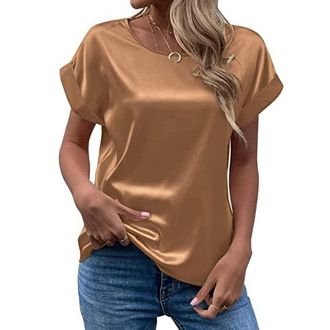 Generic HUIFUAO Chemisiers Et Blouses Femme Chemise Satin Femme Manches Courtes Haut Chemise Chic Et &eacute;l&eacute;gant D&eacute;t&eacute; Basique L&acirc;che Col Rond Tunique Tops (Khaki, 