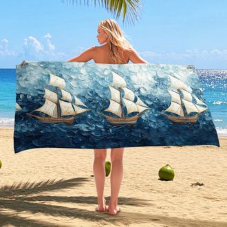 Generic Strandtuch, Segelschiffe, Mikrofaser, schnell trocknend, saugf&auml;hig, sandfrei, leicht, f&uuml;r Reisen, Urlaub, Pool, 178 x 89 cm, Blau