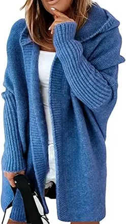 Onsoyours Tomwell Gilet Femme Hiver Cardigan Long Tricot Veste Ouvert Épais Manches Longues Pull Gilet Chaud Capuche Manteau Sweater Chandail Outwear Bleu XS
