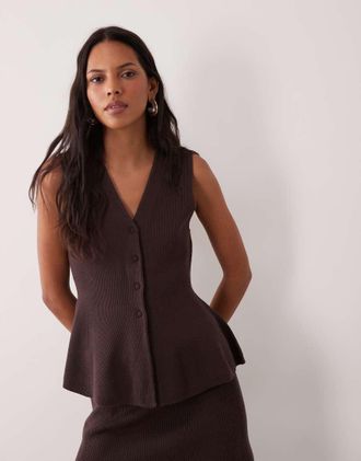 Vero Moda ensemble coordonn&eacute; gilet &agrave; basque en maille marron chocolat