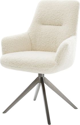 DELIFE Esszimmerstuhl Zelia-Flex mit Armlehnen Kreuzgestell breit Graphit Teddystoff Beige 360° drehbar Wippfunktion Taschenfederkern