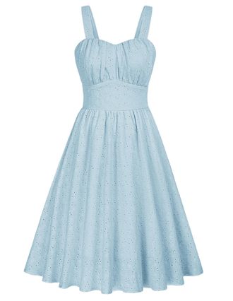 Belle Poque Damen Vintage ärmellos Solid Floral Geraffte Empire-Taille A-Linie Swing Midi-Kleid, hellblau, X-Groß