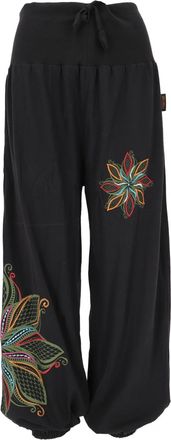 Guru Shop Weite Pluderhose mit Breitem Bund, Blumenstickerei - Schwarz, Damen, Baumwolle, Size:L/XL