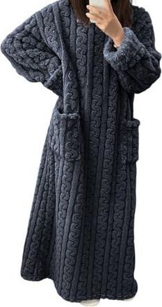 Generic Vêtements dhiver en velours corail chaud et confortable en peluche épaisse - Robe longue en polaire - Chemise de nuit en flanelle pour femme - Grande 