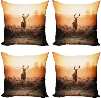 Abakuhaus Jagd Dekokissen Kissenbezug 4er Pack, Deer Morning Sun, Modern Accent Doppelseitiger Digitaldruck, 60 x 60 cm, braun orange