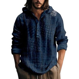 Generic Chemises pour homme &agrave; manches longues, chemise d&eacute;contract&eacute;e &agrave; capuche demi-boutons chemises grande taille chemise d&eacute;t&eacute; r&eacute;tro mode graphique hauts conf