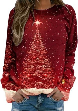 Generic Sweat-shirt de Noël pour femme - Imprimé Père Noël amusant - Chat mignon - Pull de Noël grande taille - Pull graphique à col rond à manches longues - 