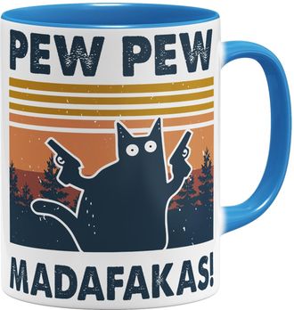 OM3 Pew Pew Madafakas Kaffee-Tasse mit Spruch Statement II - Keramik Becher - 11oz 325ml - Beidseitig Bedruckt - Hellblau