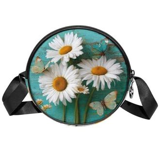 Generic Sac &agrave; bandouli&egrave;re rond pour femme, motif papillons, marguerites, petit sac &agrave; bandouli&egrave;re avec fermeture &eacute;clair, bretelles r&eacute;glables, sac &agrave; main rond d