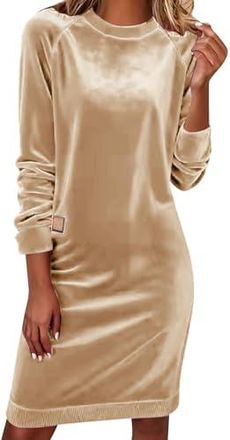 Generic Robe d&eacute;contract&eacute;e en velours dor&eacute; uni sexy pour femme et hiver, col rond, manches longues, robe d&eacute;t&eacute; a&eacute;r&eacute;e avec manches, beige, XXL