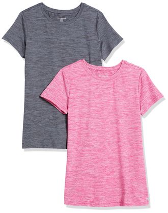 Amazon Essentials Damen Active Quick Dry Tech Stretch Kurzarm-T-Shirt mit Rundhalsausschnitt (in Übergröße erhältlich), 2er-Pack, Himbeere Space-dye/Kohlegrau Space-dye
