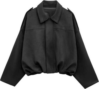 Generic Blouson aviateur &agrave; manches longues en faux daim pour femme - Style d&eacute;contract&eacute; - Surdimensionn&eacute; - V&ecirc;tement dext&eacute;rieur, Noir, L