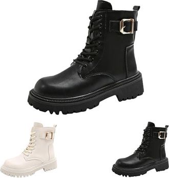 Generic Bottes de combat &agrave; lacets pour femme - Bottes dhiver chaudes doubl&eacute;es de fourrure avec fermeture &eacute;clair lat&eacute;rale - Semelle &agrave; crampons - Talon bloc bas