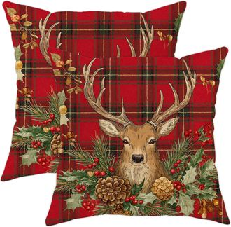 Generic Hirsch-Kissenbez&uuml;ge, rustikale Tannenzapfen, Stechpalme, Winterrot, weicher Samt, waschbar, dekorative Kissen f&uuml;r Wohnzimmer, Schlafzimmer, Loft, B&uuml;ro