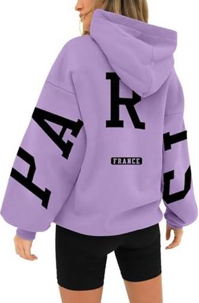 Generic HUIFUAO Paris Sweat à Capuche surdimensionné pour Femme, imprimé Lettres Noires, Manches Longues, Grande Taille, Violet, M