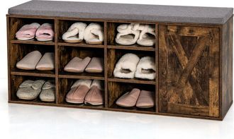 Costway Banc Chaussures Entr&eacute;e avec Coussin Amovible, 9 Compartiments, Meuble Lat&eacute;rale, Etagere Chaussure 3 Niveaux pour Entr&eacute;e Couloir, Industriel