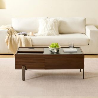 Liberte Table basse moderne avec tiroirs et plateau en verre - Design en bois brun fonc&eacute;, pieds en m&eacute;tal - 105 cm