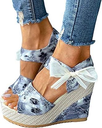 Onsoyours Sandales à Talons Hauts Femme Plateforme Été Sandales À Fleurs Compensées Bout Ouvert Rome Chaussures pour Plage Vacances C Gris 40 EU