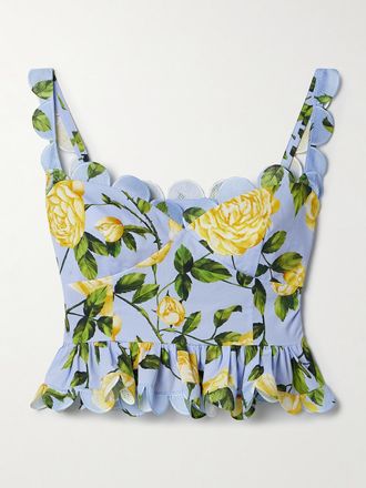 Oscar De La Renta Verk&uuml;rztes Oberteil Aus Popeline Aus Einer Baumwollmischung Mit Blumenprint Und Wellenkanten - Blau