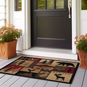 Generic Tapis de Passage Nature Moderne Patchwork G&eacute;om&eacute;trie Animal Cerf 60 x 120 cm Antid&eacute;rapant et Lavable Interieur Rug, Brun Tapis de Couloir pour Entree C