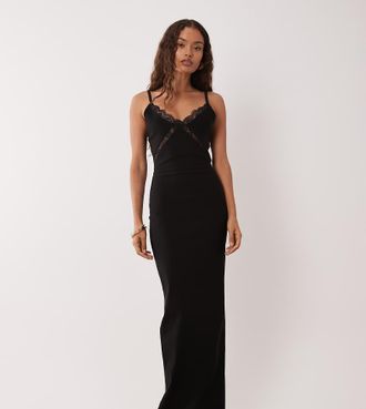 Vesper Robe caraco longue en bengaline &agrave; d&eacute;tails en dentelle - Noir