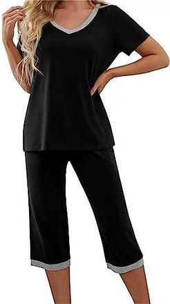 Generic Pyjama Femme Ete Pas Cher Ensemble Pyjama 2 Pièces pour Femme Pyjama Top À Manches Courtes Et 3/4 Pantacourt 3/4 Chic Elegant Fluide Vêtement De Nuit 