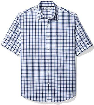 Amazon Essentials Chemise en Popeline à Manches Courtes Coupe Régulière Homme, Bleu Foncé Blanc Écossais, XXL