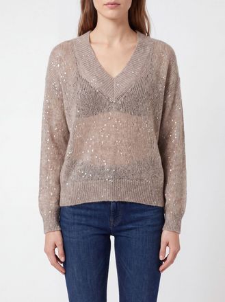 Brunello Cucinelli Pullover aus Woll-Lurex-Mischung mit V-Ausschnitt und &uuml;berschnittenen Schultern