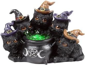 Puckator Figur von schwarzen Katzen mit Hexenhut - Leuchtender Kessel mit LED, aus handbemaltem Harz
